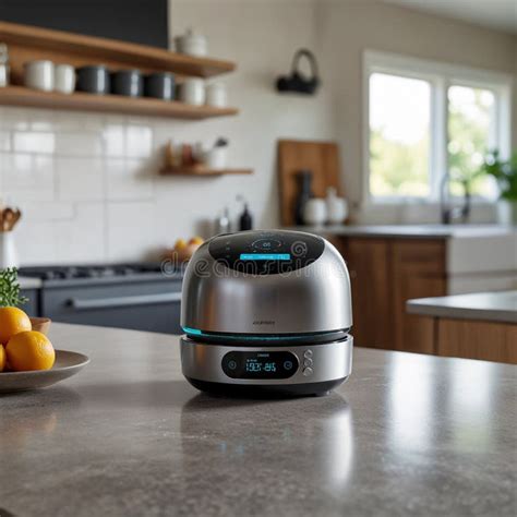 A Futuristic Ai Assistant Device On A Modern Kitchen Counter Stock
