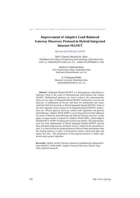 PDF Improvement Of Adaptive Load Balanced Gateway Discovery Protocol In Hybrid Integrated