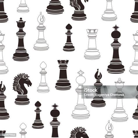 체스 조각 매끄러운 패턴 체스맨 플랫 블랙과 화이트 드로잉 실루엣 인물 전당포 왕 여왕 주교 기사 흰색 배경에 루크 직물 디자인 벽지 벡터 일러스트레이션 검은색에 대한 스톡