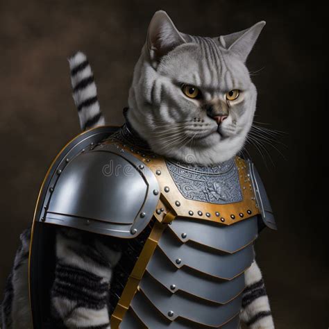 British Shorthair Knight Cat Wearing Fighting Metal Armor Stock Illustration Illustration Of