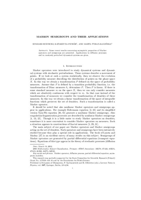 Pdf Markov Semigroups And Their Applications