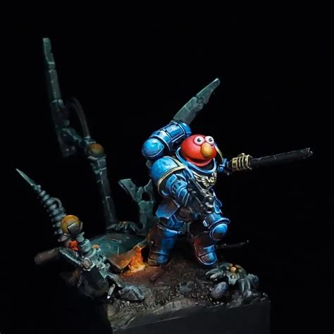 Tactical Squad Leader Elmo Charging Through A Newly Awakened Necron