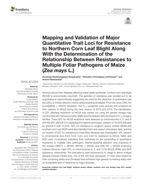 Pdf Mapping And Validation Of Major Quantitative Trait Loci For Resistance To Northern Corn