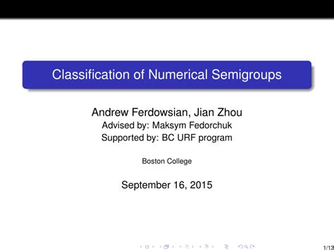 Classification Of Numerical Semigroups Andrew Ferdowsian Jian Zhou September 16 2015