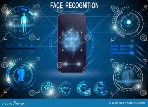 Biometric Identification Or Recognition System Of Person Face Id Set Hud Elements Stock Vector