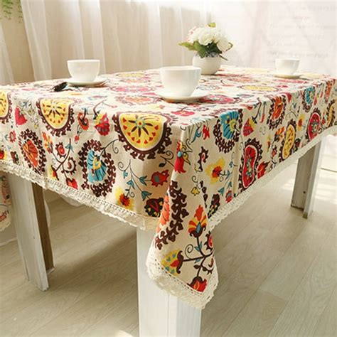 Hotian Boho Patchwork Floral Lace Trim Decorative Linen Fall Tablecloth
