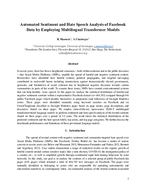 Pdf Automated Sentiment And Hate Speech Analysis Of Facebook Data By