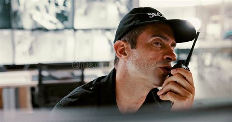 Security Guard Communication And Man With Radio Surveillance And Inspection Of Suspicious