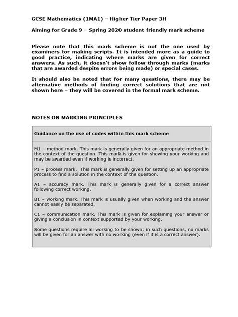 06 1ma1 3h Aiming For 9 Spring 2020 Mark Scheme Set 1 Pdf Area