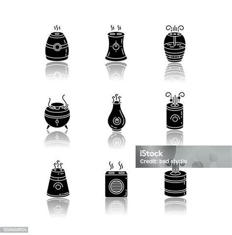 공기 청정기 다양 한 드롭 그림자 블랙 글리프 아이콘 세트 초음파 및 증기 공기 청정기 온도 조절 장치 실내 습도 조절장치 공백에 대한 격리된 벡터 그림 가습기에 대한 스톡