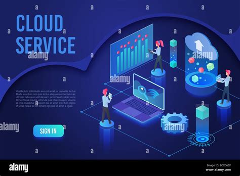 Cloud Service Ultraviolet Light Landing Page Isometric Vector Template Programmer Synchronizing