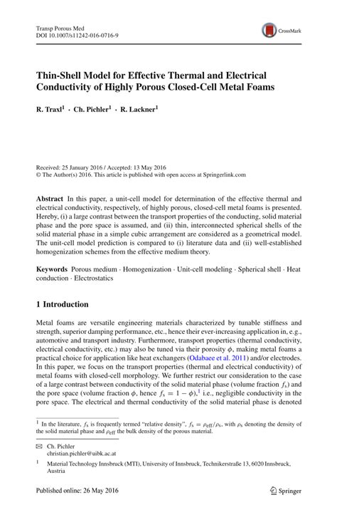 Pdf Thin Shell Model For Effective Thermal And Electrical Conductivity Of Highly Porous Closed