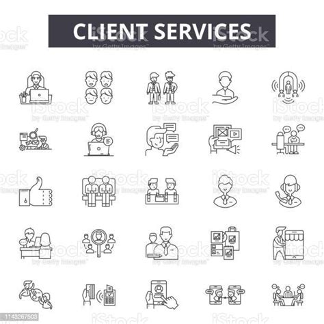 클라이언트 서비스 라인 아이콘 기호 설정 벡터 클라이언트 서비스 개요 개념 그림 고객 서비스 클라이언트 지원 담당자 및 비즈니스 아이콘에 대한 스톡 벡터 아트 및 기타