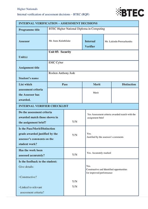 securirty assignment roshen higher nationals internal verification