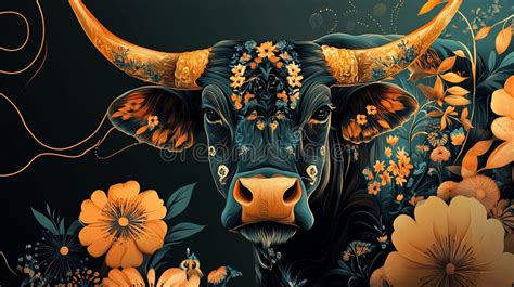 Elegant Floral Cow Portrait Dark Background Artistic Illustration