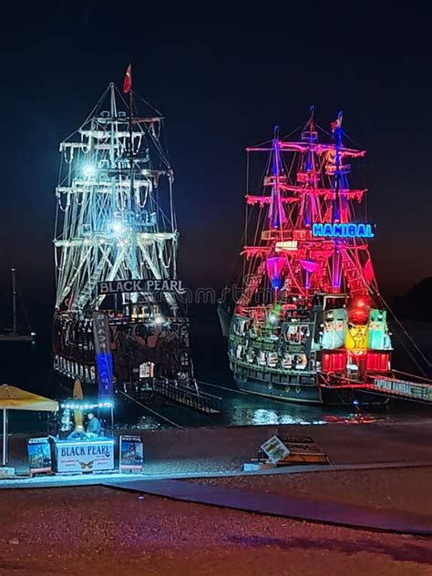 Tourist Boats Disguised As Pirate Ships In Oludeniz Turkiye Lite Up With Neon Lights Editorial