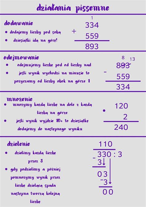Działania Pisemne Dla Klas 3 8 Dodawanie Odejmowanie Mnożenie I