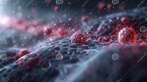 Close Up Of A Microscopic Landscape With Spherical Red Particles On A