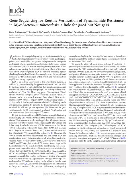 Pdf Gene Sequencing For Routine Verification Of Pyrazinamide Resistance In Mycobacterium
