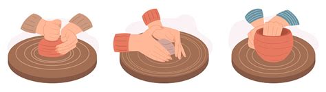 수제 냄비를 만들기 위해 도자기 바퀴에서 일하는 장인 주전자를 만드는 포터 몰딩 점토의 클로즈업 보기 공예에 대한 스톡 벡터