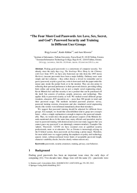 Pdf “the Four Most Used Passwords Are Love Sex Secret And God” Password Security And