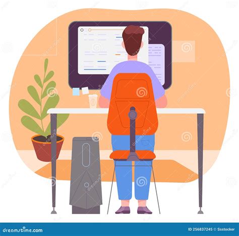 Programmer Workplace Back View Man Working On Computer Stock Vector Illustration Of