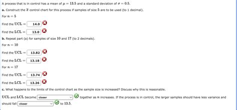 Solved A process that is in control has a mean of μ=13.5 | Chegg.com