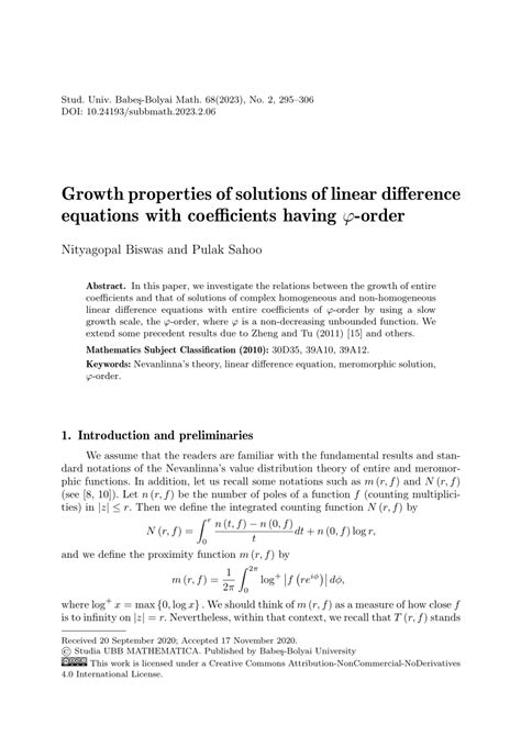 Pdf Growth Properties Of Solutions Of Linear Difference Equations With Coefficients Having
