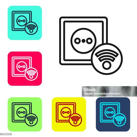 검은 선 스마트 전기 콘센트 시스템 아이콘은 흰색 배경에 분리되어 있습니다 전원 소켓 무선 연결이 있는 사물 인터넷 개념입니다 색상 사각형 버튼으로 아이콘을 설정합니다 벡터