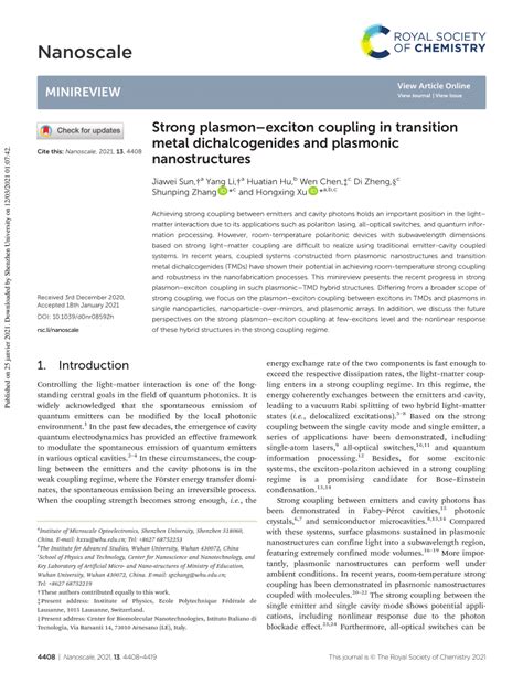 Pdf Strong Plasmon Exciton Coupling In Transition Metal