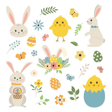 Cartoon Easter Bunnies Chickens And Flowers Set Cute Spring Easter