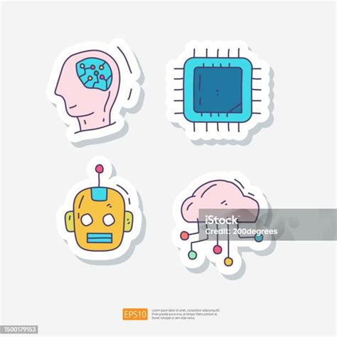 인공 지능 Ai 개념은 회로 기판 데이터 안드로이드 로봇 및 엔지니어링 개발 브레인스토밍 기호를 위한 두뇌 칩입니다 손으로 그린 낙서 스티커 아이콘 세트 벡터 그림 Cpu에