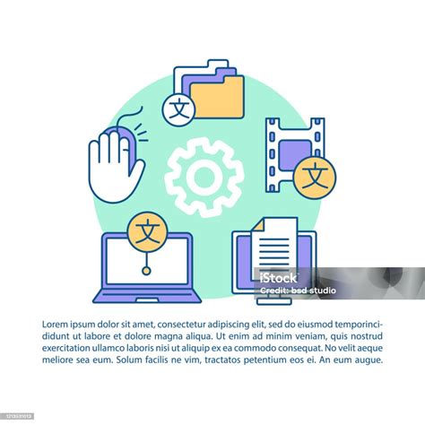 디지털 미디어 번역 기사 페이지 벡터 템플릿입니다 콘텐츠 관리 브로셔 잡지 선형 아이콘과 텍스트 상자소책자 요소 인쇄 디자인