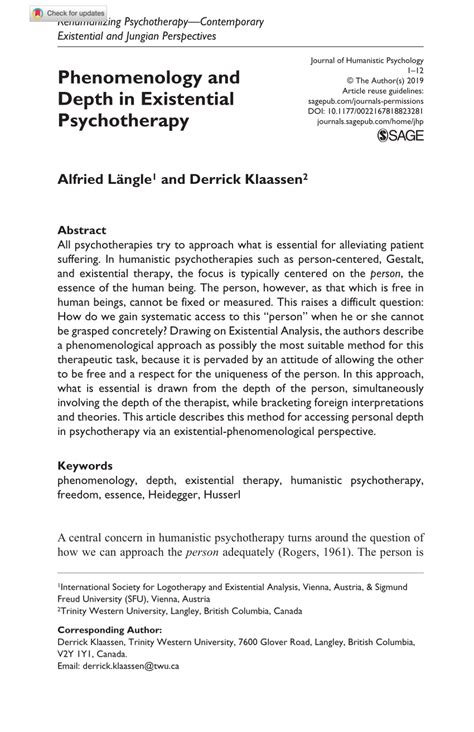 Pdf Phenomenology And Depth In Existential Psychotherapy