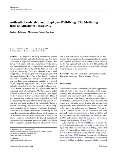 Authentic Leadership And Employee Wellbeing The Mediating Role Of