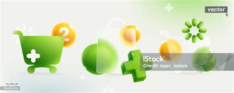 Glassmorphism 스타일의 투명 쇼핑 카트 및 패키지 사실적인 3d 녹색은 Glassmorphism 스타일의 의료 십자가 로딩 아이콘 및 구를 추가합니다 3차원