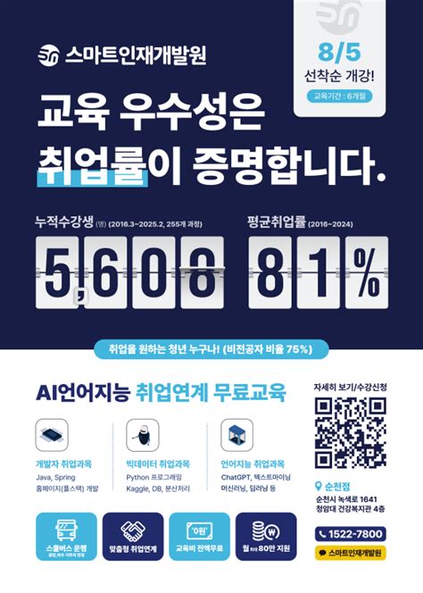 📢 스마트인재개발원 순천점 개강 취업연계 무료교육 💡 『언어지능기반 분석서비스 개발자 과정』 📅 8월 5일 개강 요즘것들