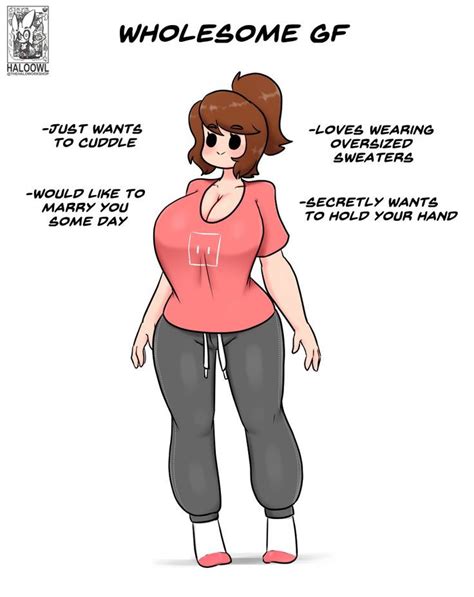 A Woman Standing In Front Of A White Background With The Words Wholesome Gf
