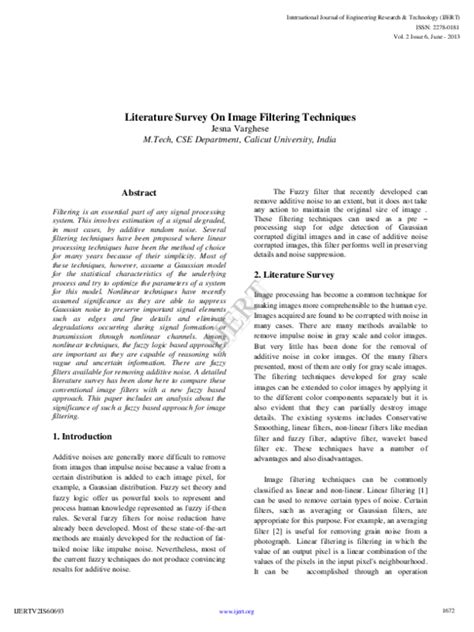 Pdf Literature Survey On Image Filtering Techniques