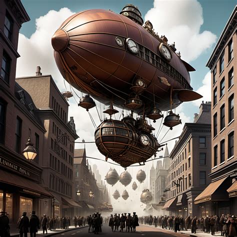 A Multiple Steampunk Airship Floating Above A City S