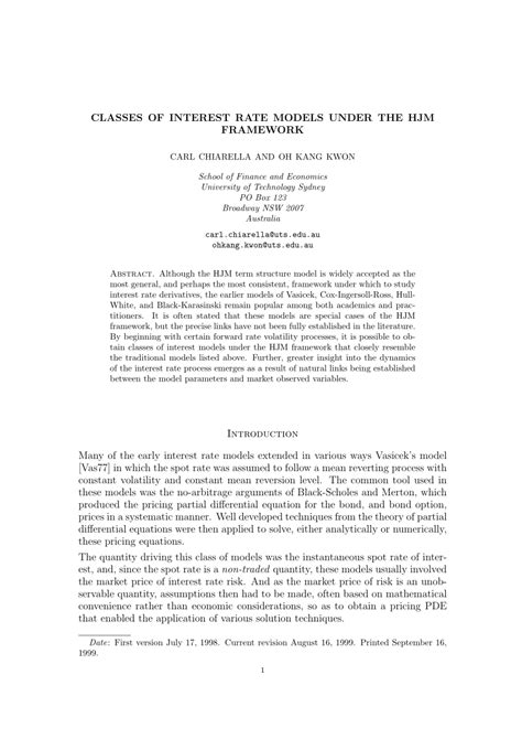 Pdf Classes Of Interest Rate Models Under The Hjm Framework