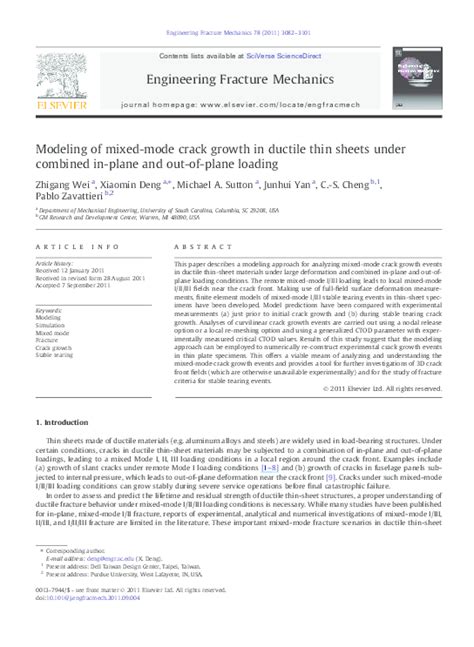 Pdf Modeling Of Mixed Mode Crack Growth In Ductile Thin Sheets Under Combined In Plane And Out