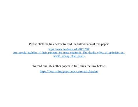 Pdf Are People Healthier If Their Partners Are More Optimistic The
