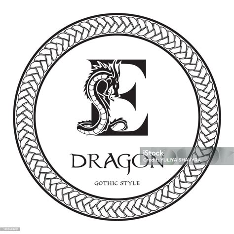 문신 요소와 대문자 E 우아한 고딕 드래곤 로고 내부 드래곤 실루엣 로고타입 엠블럼 모노그램 아이콘 명함 브랜드 이름에 대한 헤럴드 기호 짐승 고대 신화 문장에 대한 스톡