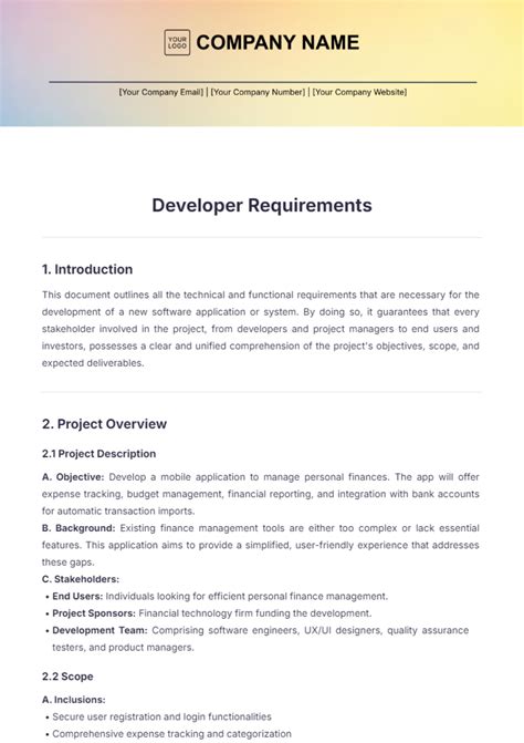 Free Developer Requirements Template To Edit Online