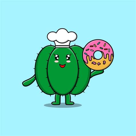 평면 만화 스타일 그림에서 귀여운 만화 선인장 요리사 캐릭터 도넛 프리미엄 벡터