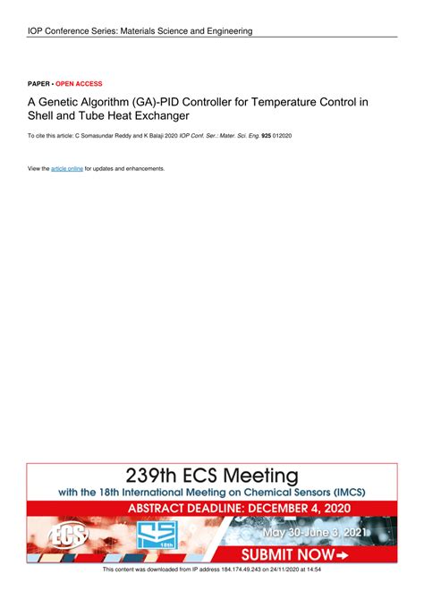 PDF A Genetic Algorithm GA PID Controller For Temperature Control In Shell And Tube Heat