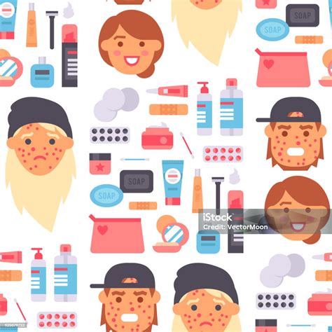 얼굴 피부 문제 청소 Humancosmetic 여드름 피부과 불안정성 얼굴 관리 10 대 결함 완벽 한 패턴 배경 벡터 일러스트 레이 션 개념에 대한 스톡 벡터 아트 및