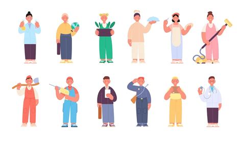 직업 어린이 직업 어린이 직업 다른 문자 격리 된 젊은 근로자 만화 아이 유니폼 완전 벡터 세트 프리미엄 벡터