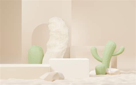 선인장과 모래 사막 미니 테마가 있는 3d 모의 브라운 크림 연단 제품 및 화장품 프레젠테이션을 위한 받침대 무대 광고 판매